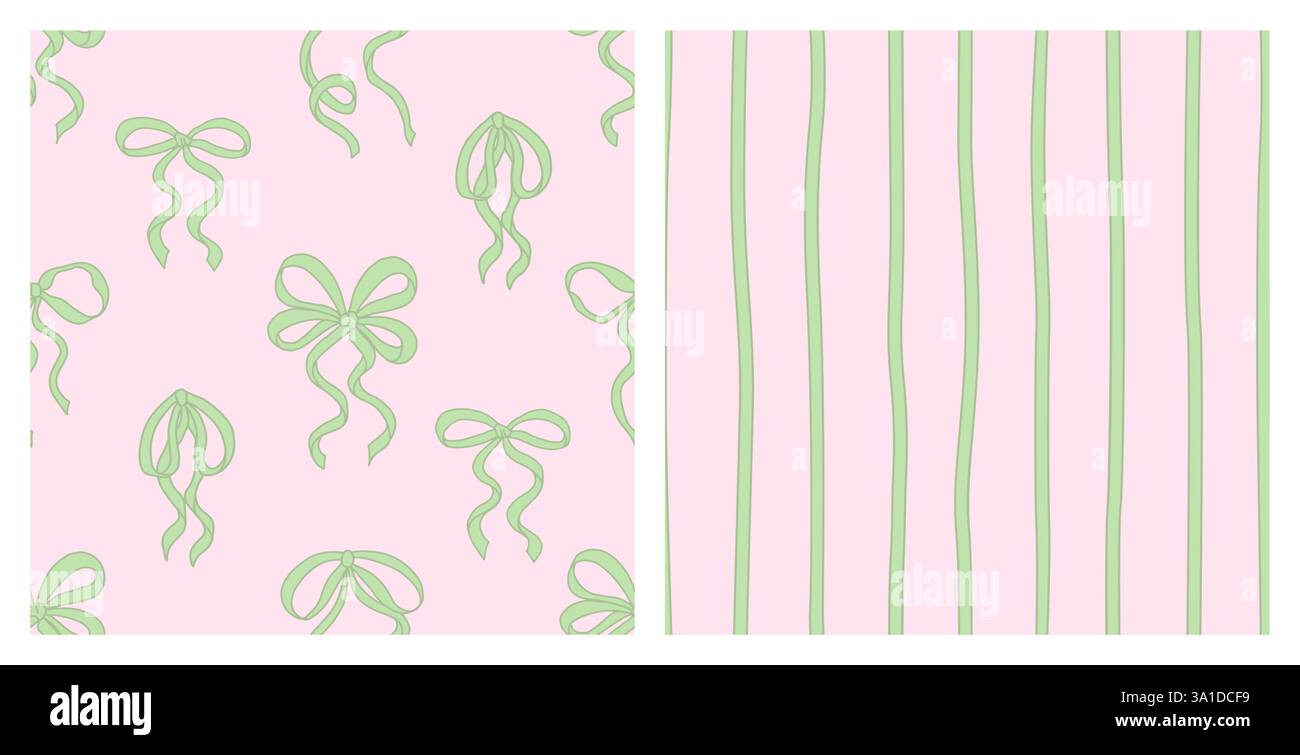 Coquette seamless pattern set. Pastel Green Ribbon Bow and Lines. Pretty Girly bows on pink ...