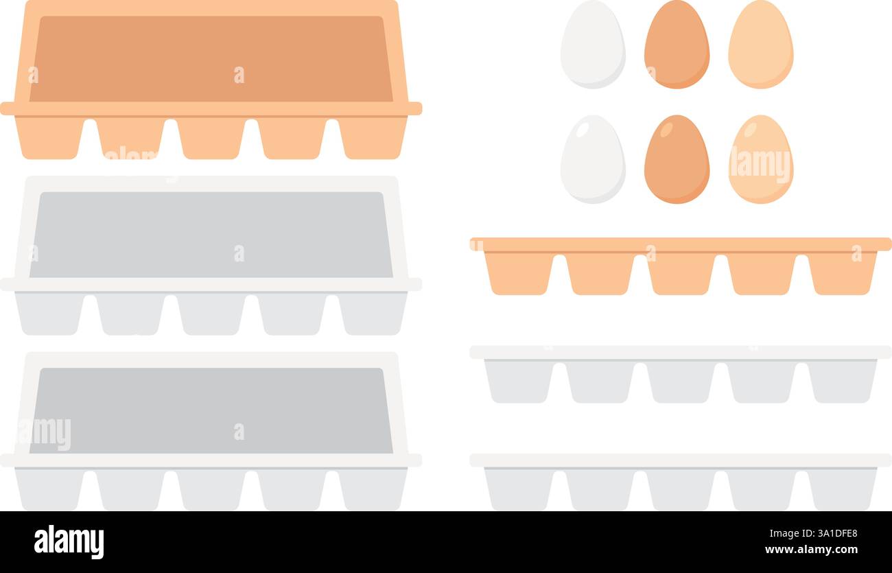 Set of egg trays and chicken eggs in white, brown and light brown colors. Vector illustration ...