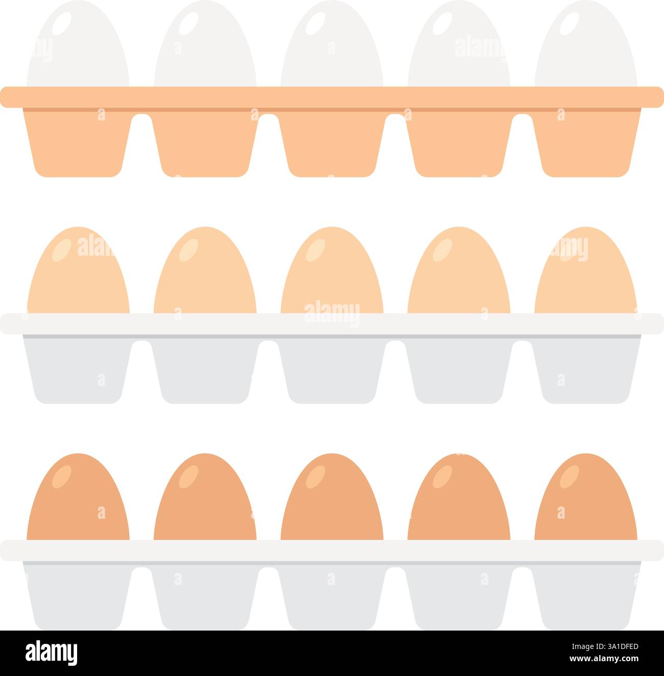 Set of chicken eggs in white, brown and light brown colors in egg trays. Vector illustration ...