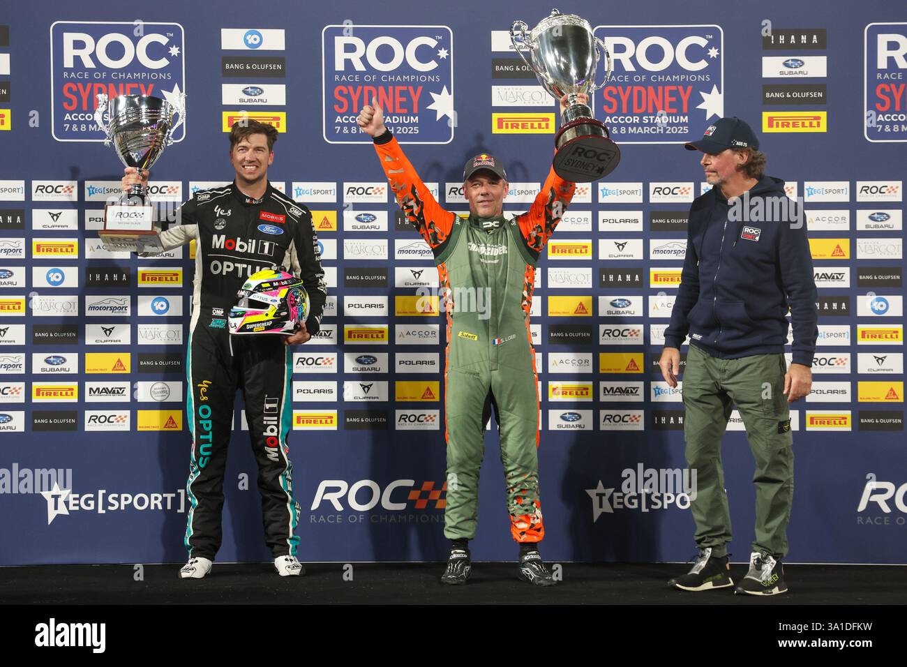 Sydney, Australia. 8th Mar, 2025. Winner Sebastien Loeb (C) of France ...