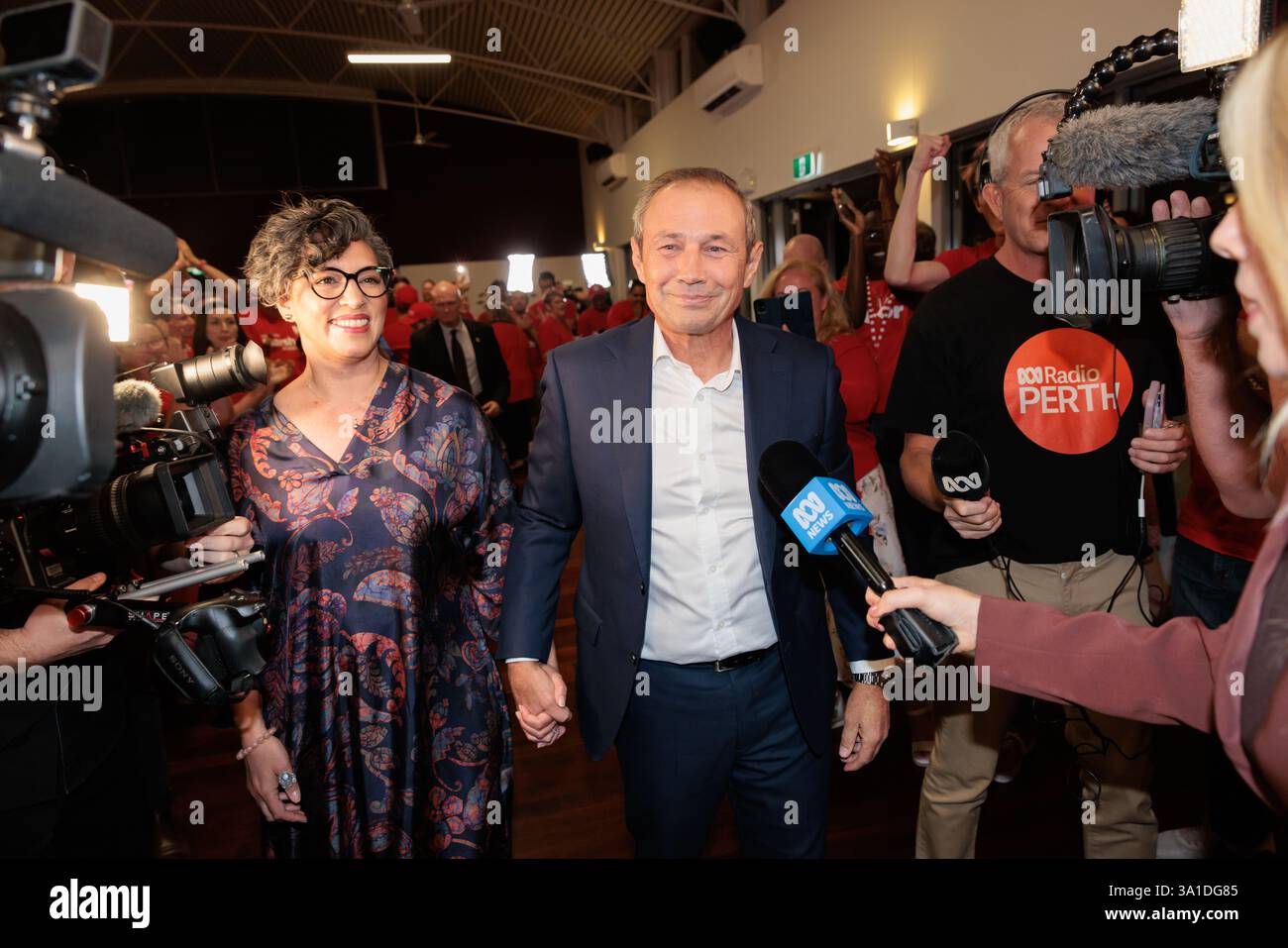 Western Australia Premier, Roger Cook and his wife Carly Lane arrive at the party's election ...