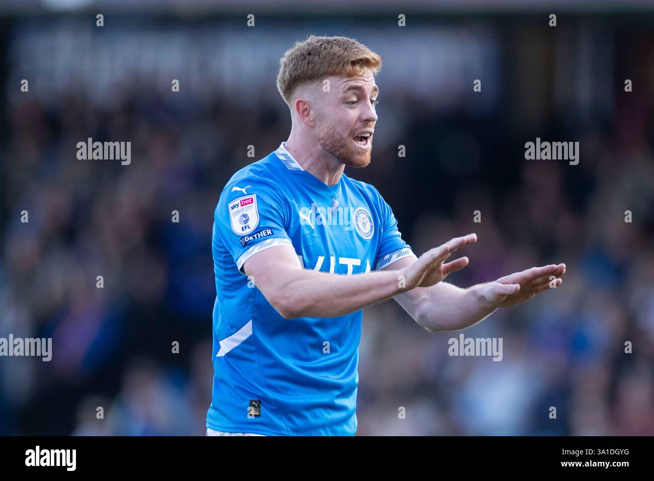 Callum Camps #8 of Stockport County F.C.gesticulates during the Sky Bet ...