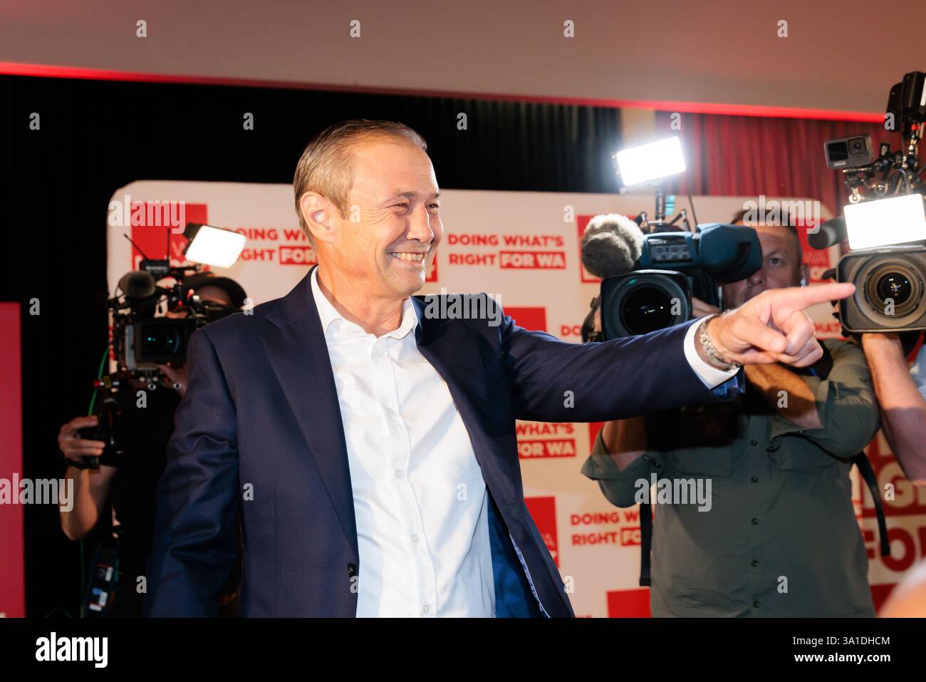 Western Australia Premier, Roger Cook is seen on stage at the party's ...