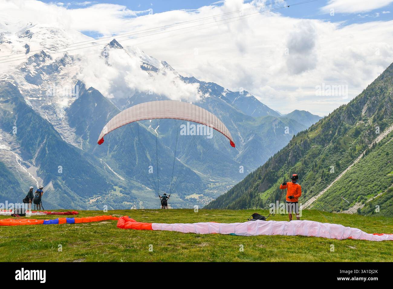 Launch site for paragliders at the cable car station of Planpraz (2000 ...