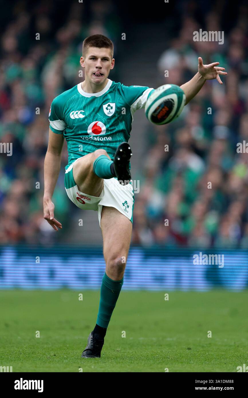 Ireland's Sam Prendergast kicks the ball during the Six Nations rugby ...