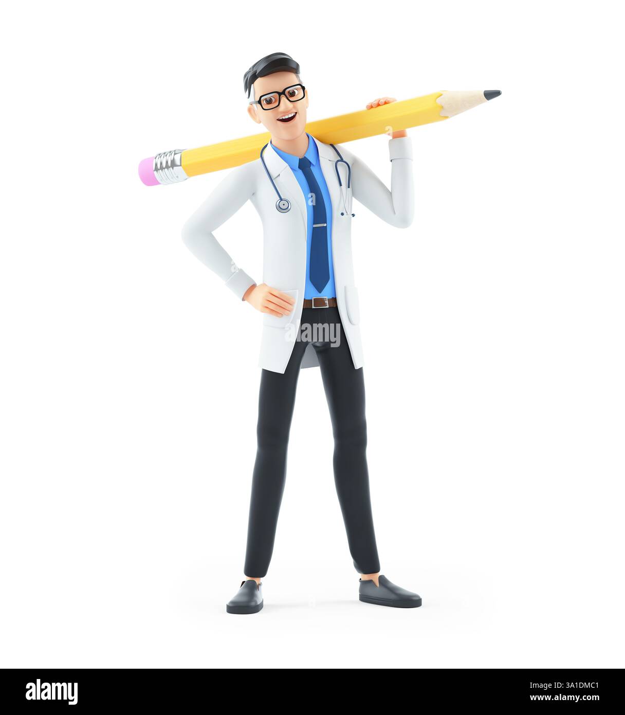 3d cartoon doctor carrying pencil on his shoulders, illustration ...