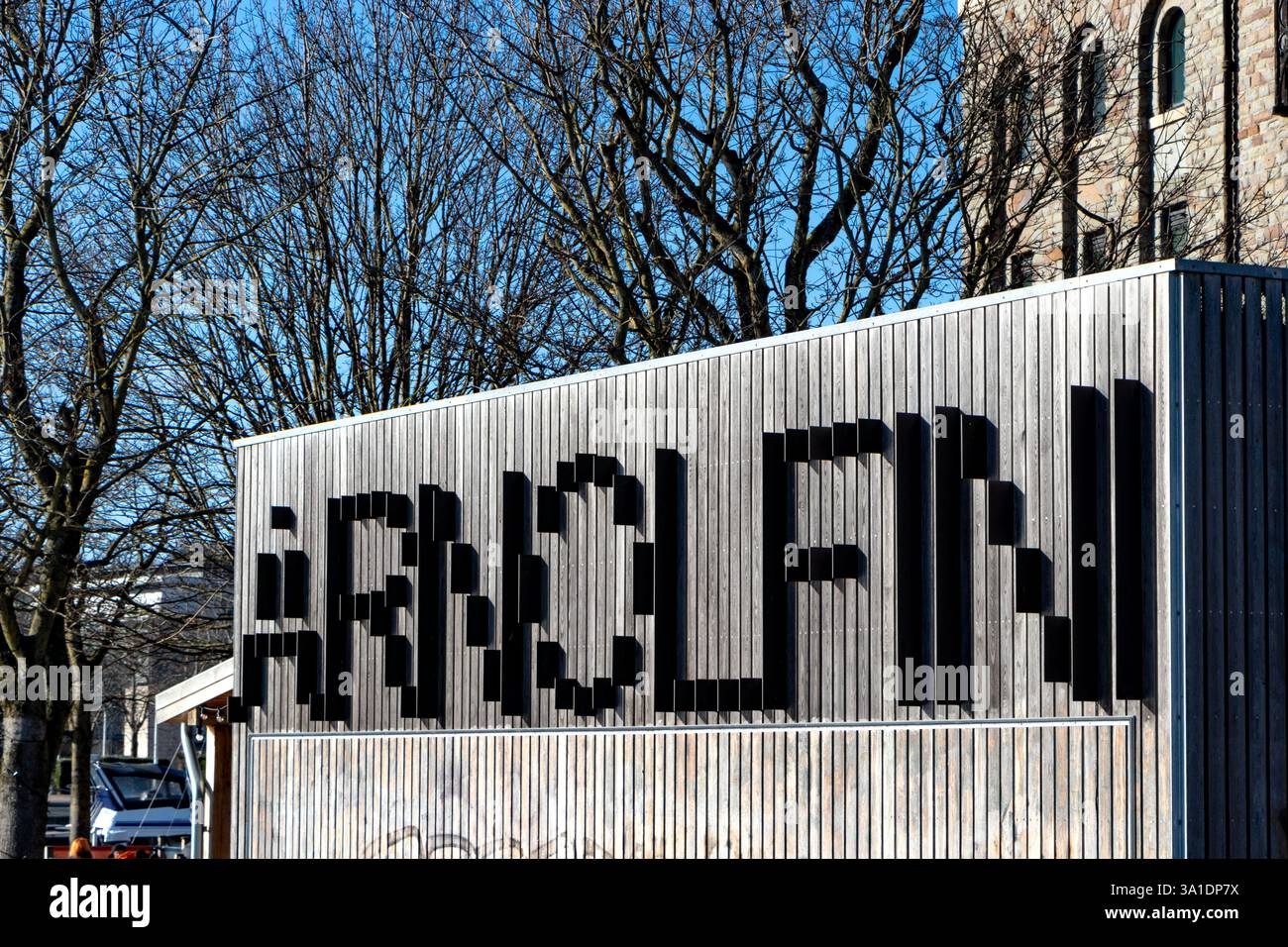 Modern architecture with graphic facade sign reading 'ARNOLFINI' art ...