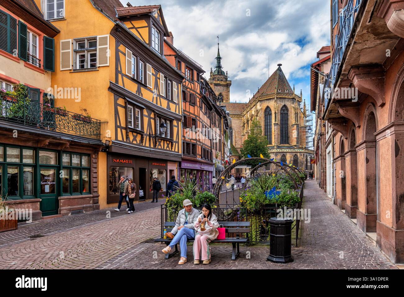 City of Colmar in Alsace, France. Cobbled street in the Old Town with ...