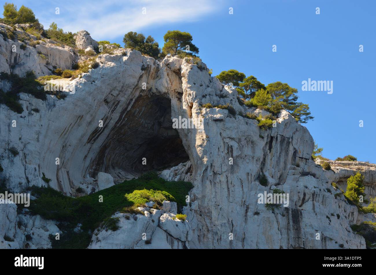 Cave in limestone cliffs in a calanque near Cassis France, Provence ...