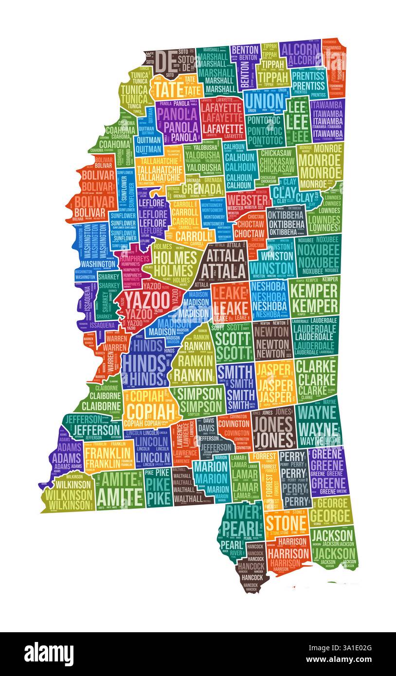 Mississippi shape. State word cloud with county division. Mississippi ...