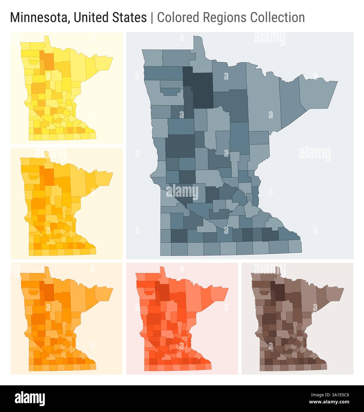 Minnesota, United States. Map collection. State shape. Colored counties ...