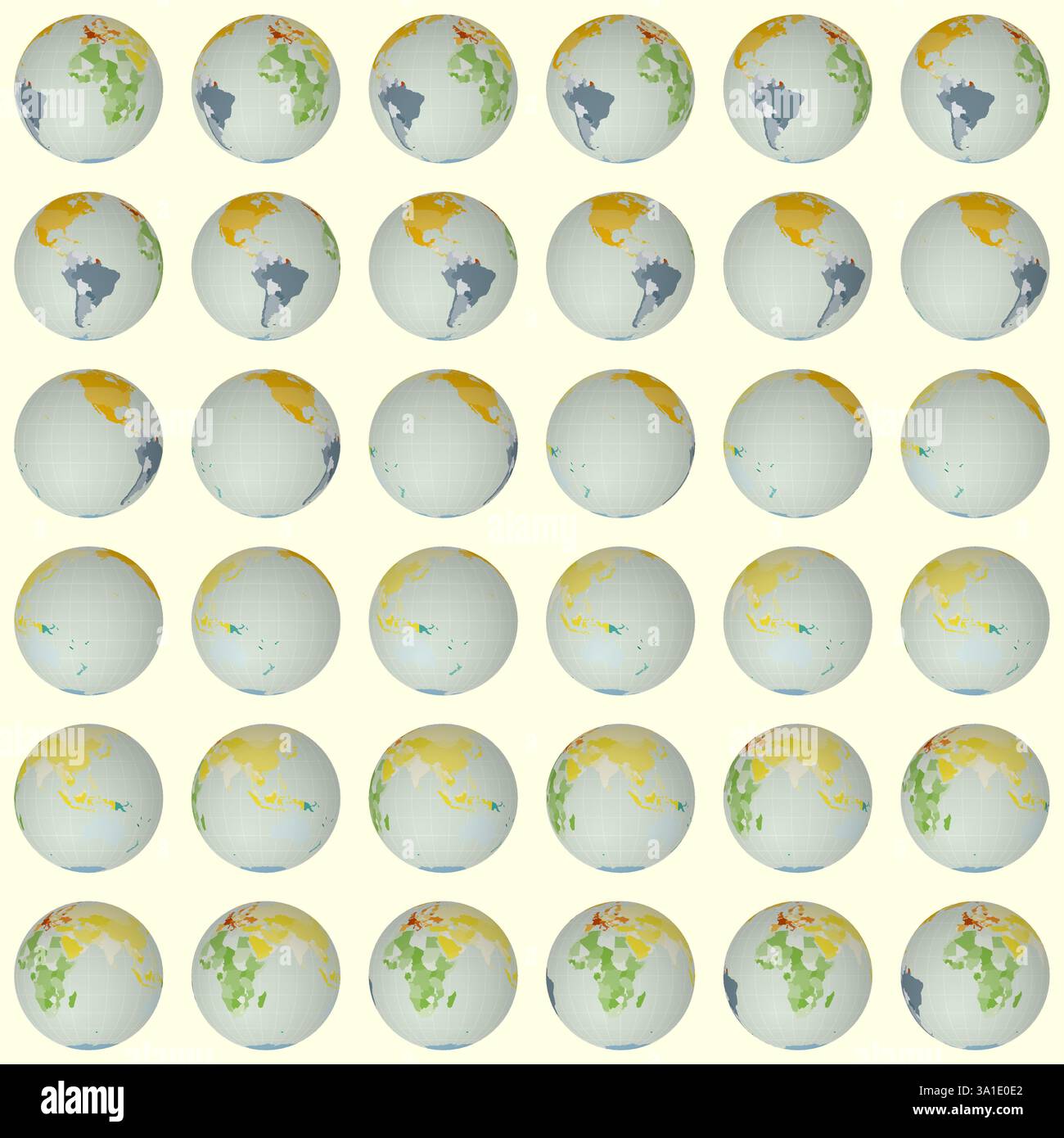 Collection of earth globes. Normal sphere view. Rotation step 10 ...