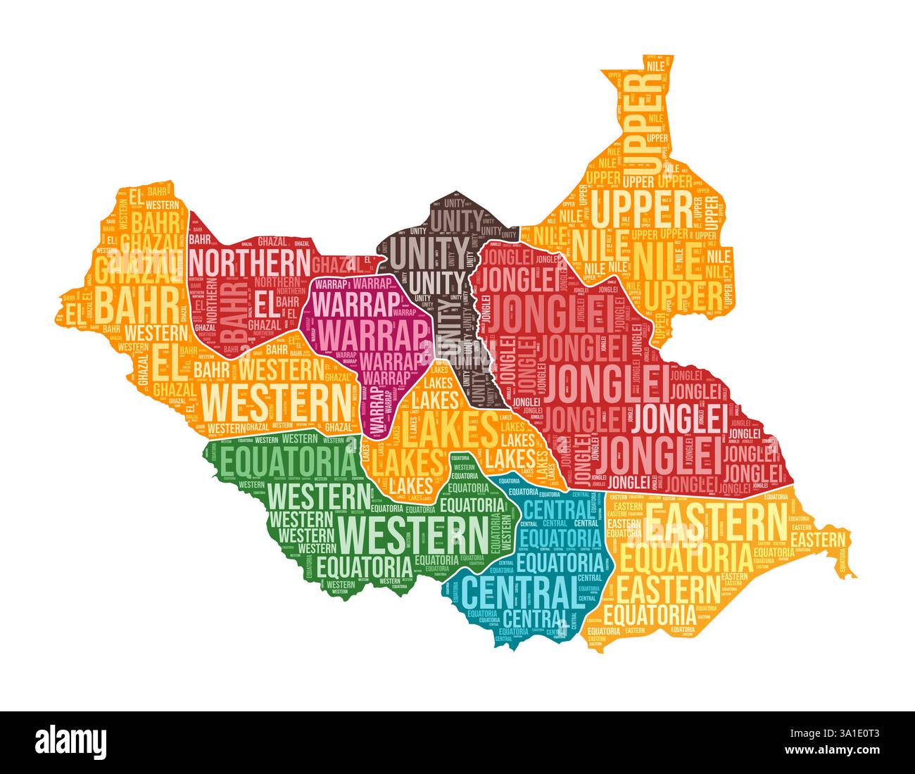 South Sudan shape. Country word cloud with region division. South Sudan ...
