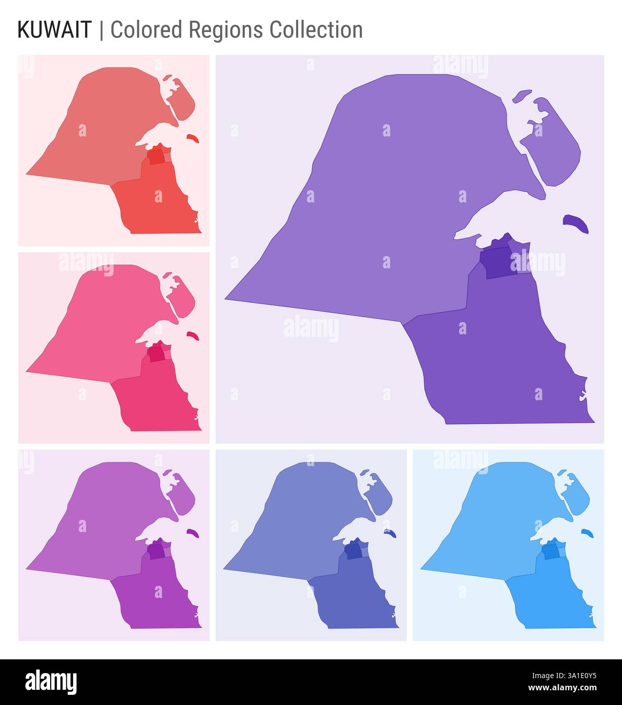 Kuwait map collection. Country shape with colored regions. Deep Purple, Red, Pink, Purple ...