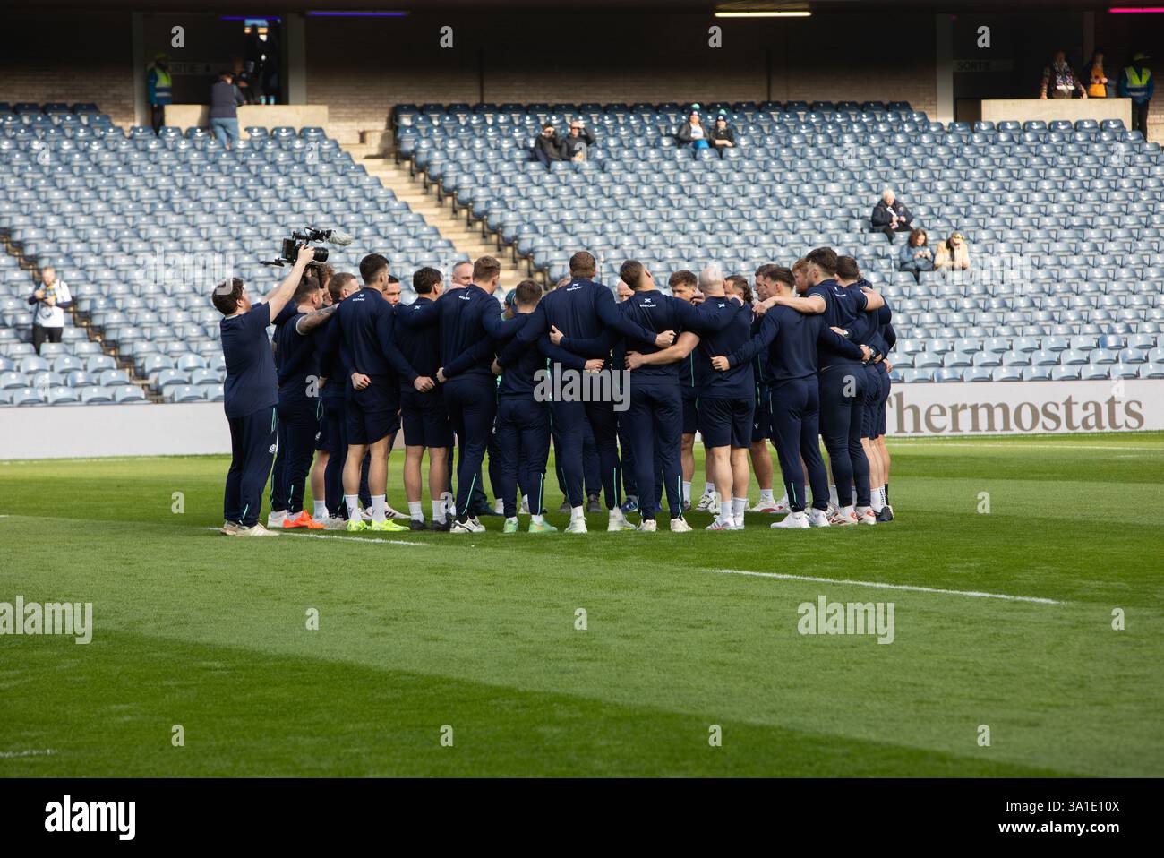 Edinburgh, UK, 8th Mar 2025 - Scotland Team huddle together shortly ...