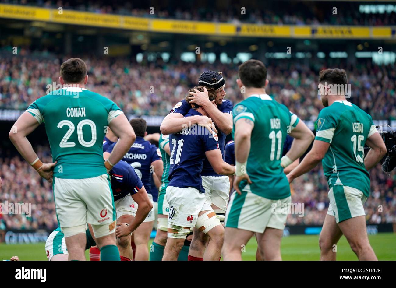 France's Oscar Jegou celebrates scoring their side's fourth try of the ...