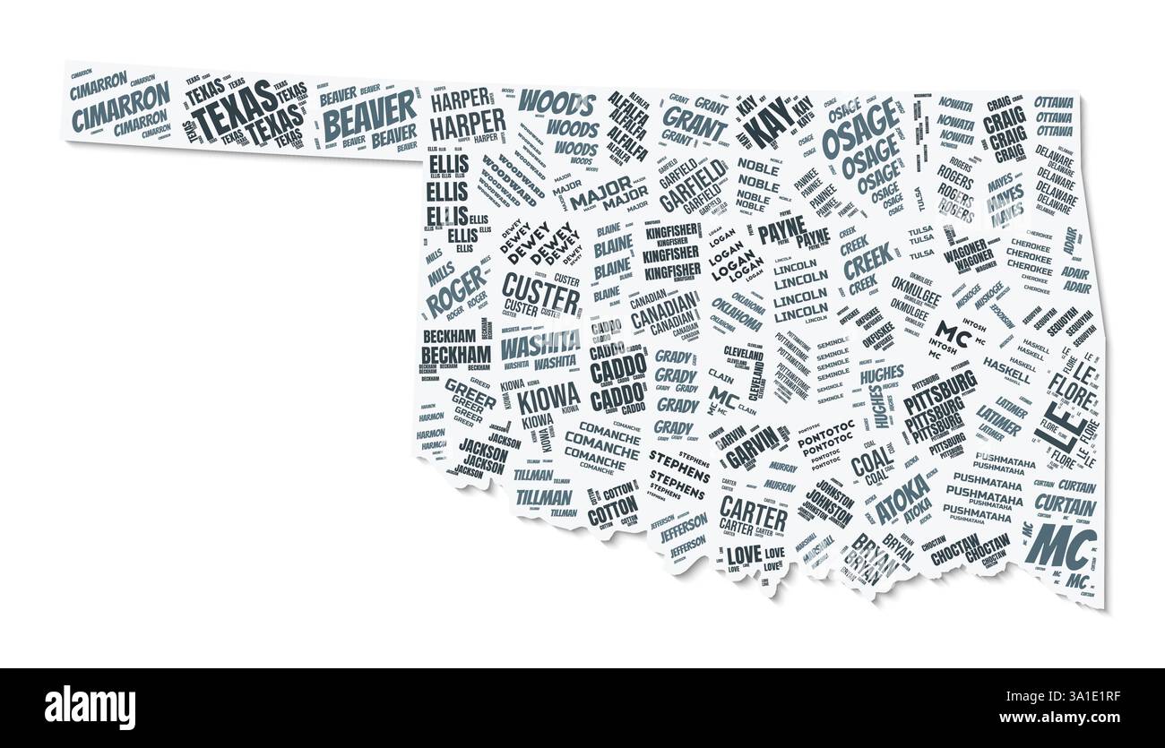 Oklahoma shape text cloud. State border with shadow on white background ...