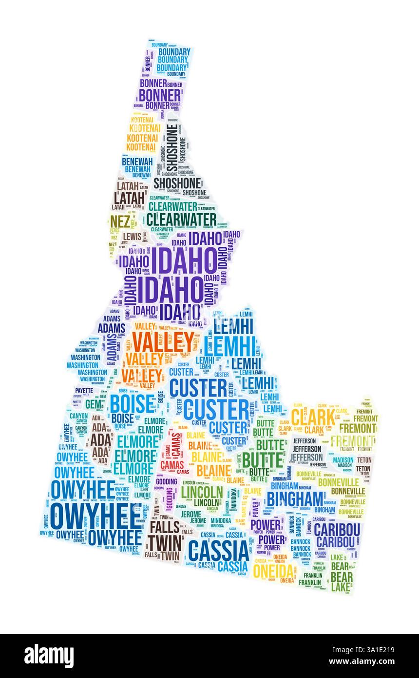 Idaho county word cloud. State shape design. Idaho colored illustration ...