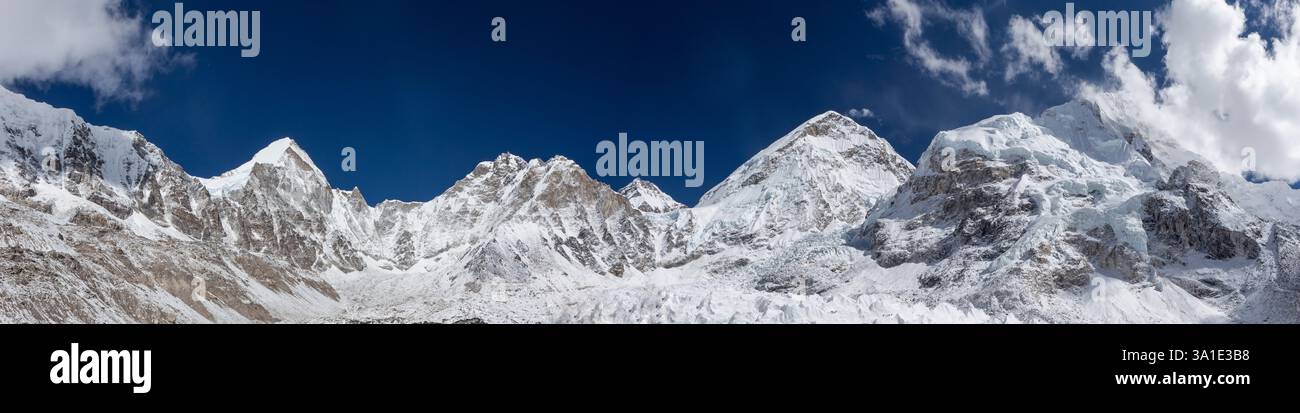 Mount Everest panorama. Panoramic view over the Mount Everest summit ...