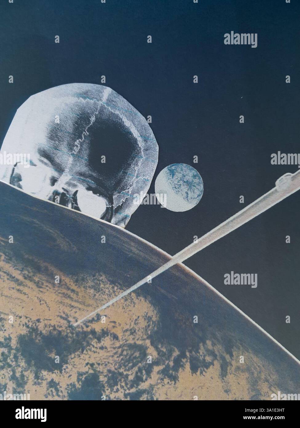 Conceptual collage art of a skull looking onto planet earth Stock Photo ...