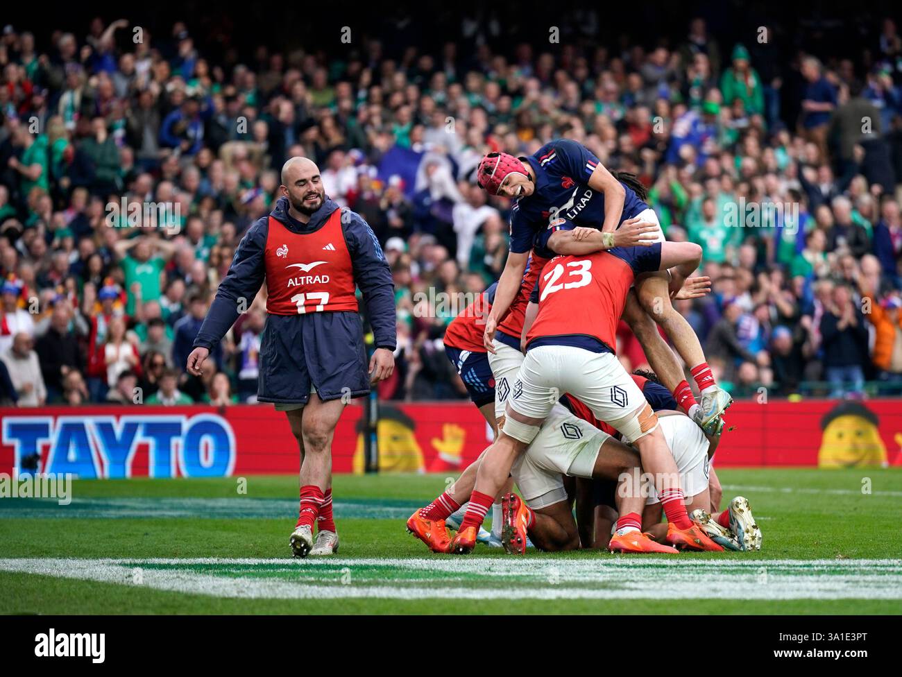France's Damian Penaud celebrates scoring their side's fifth try of the ...