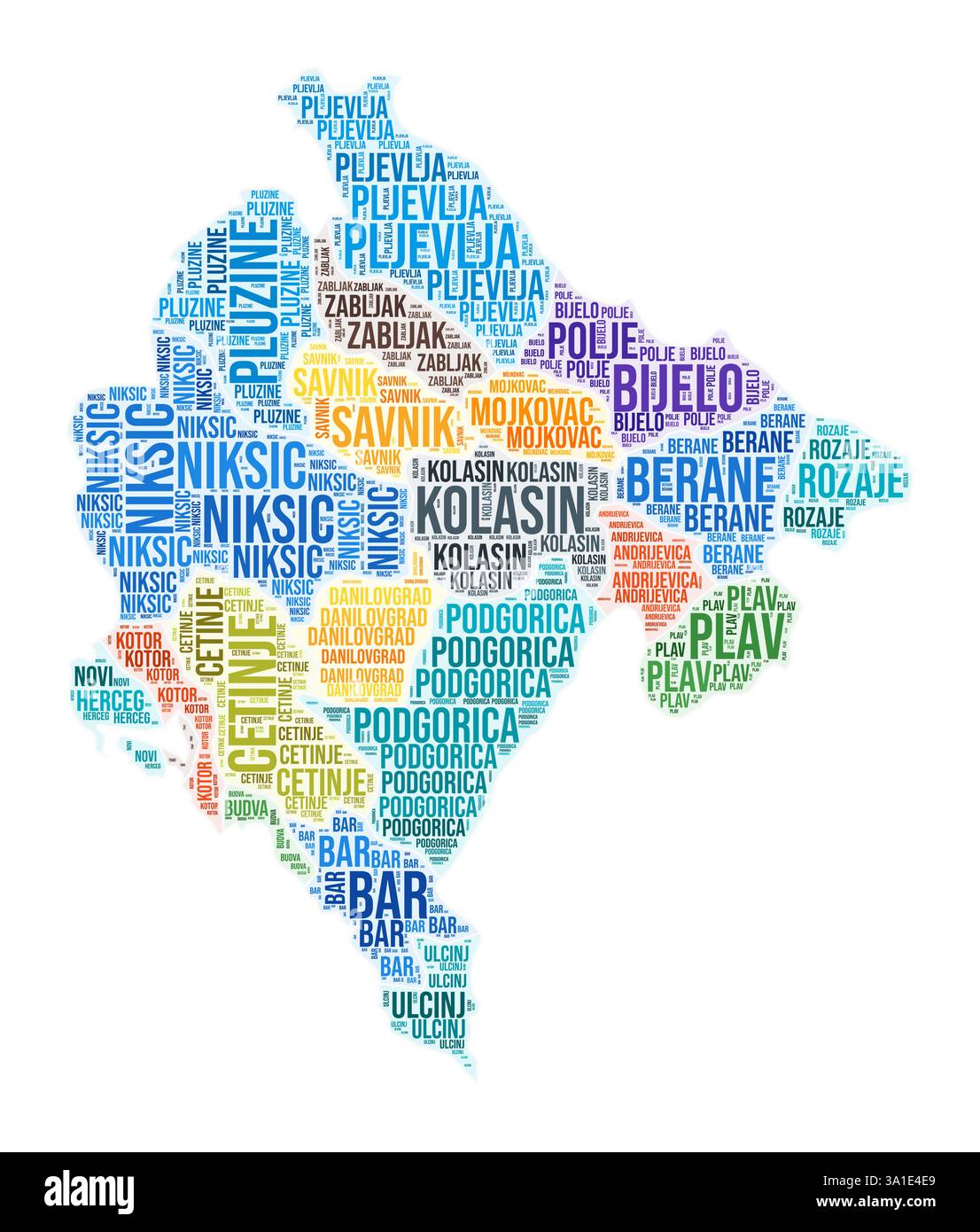 Montenegro region word cloud. Country shape design. Montenegro colored ...