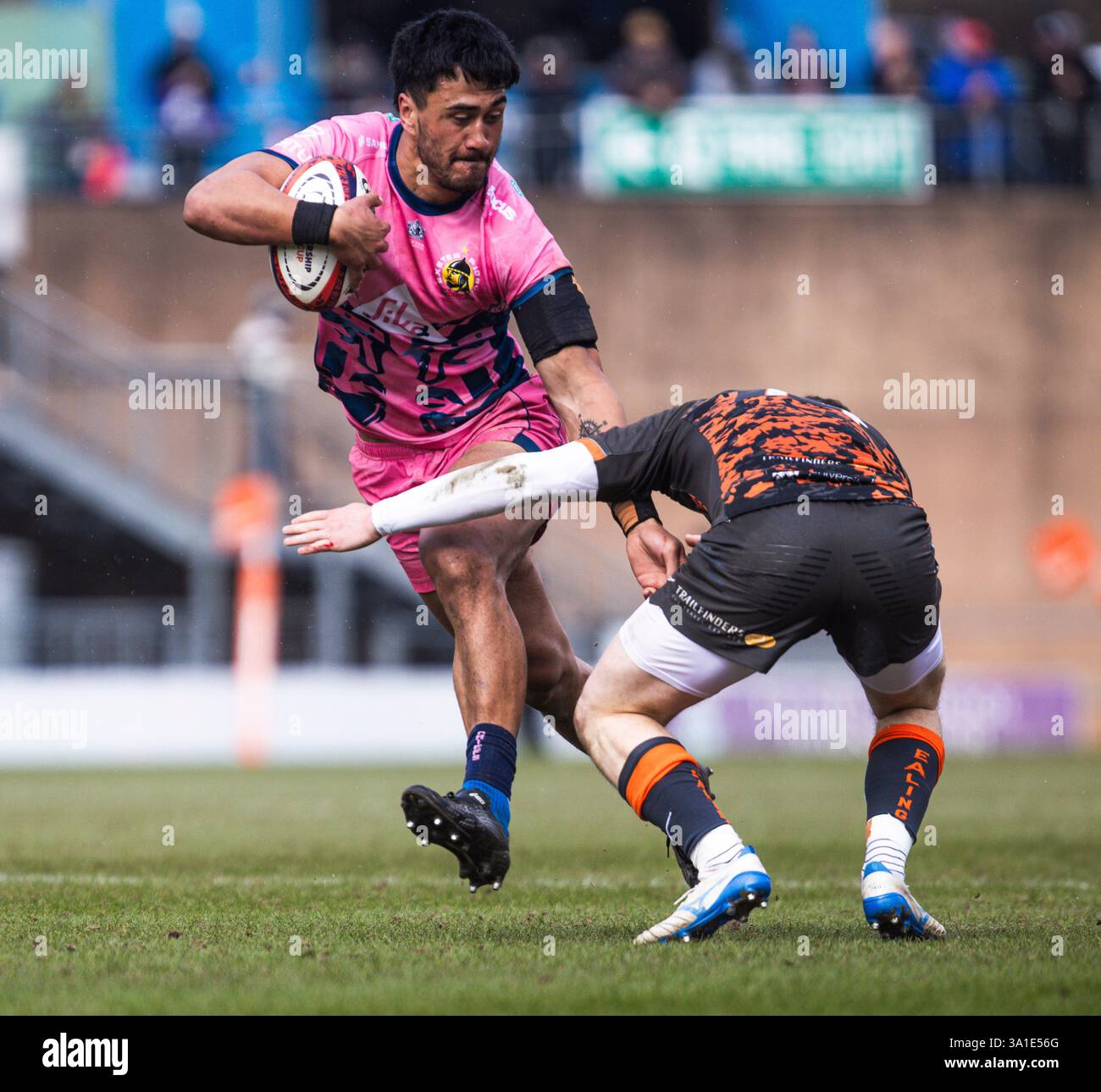 Exeter Chief's Tamati Tua about to be tackled by Ealing Trailfinders ...