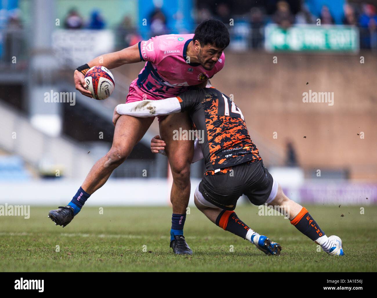 Exeter Chief's Tamati Tua is tackled by Ealing Trailfinders Angus ...