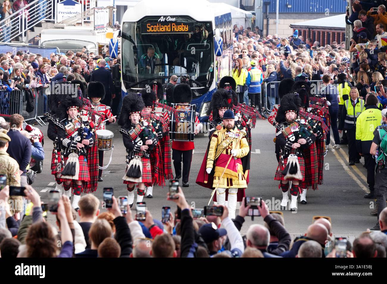 A band of pipers play in the Scotland team bus ahead of the Guinness ...