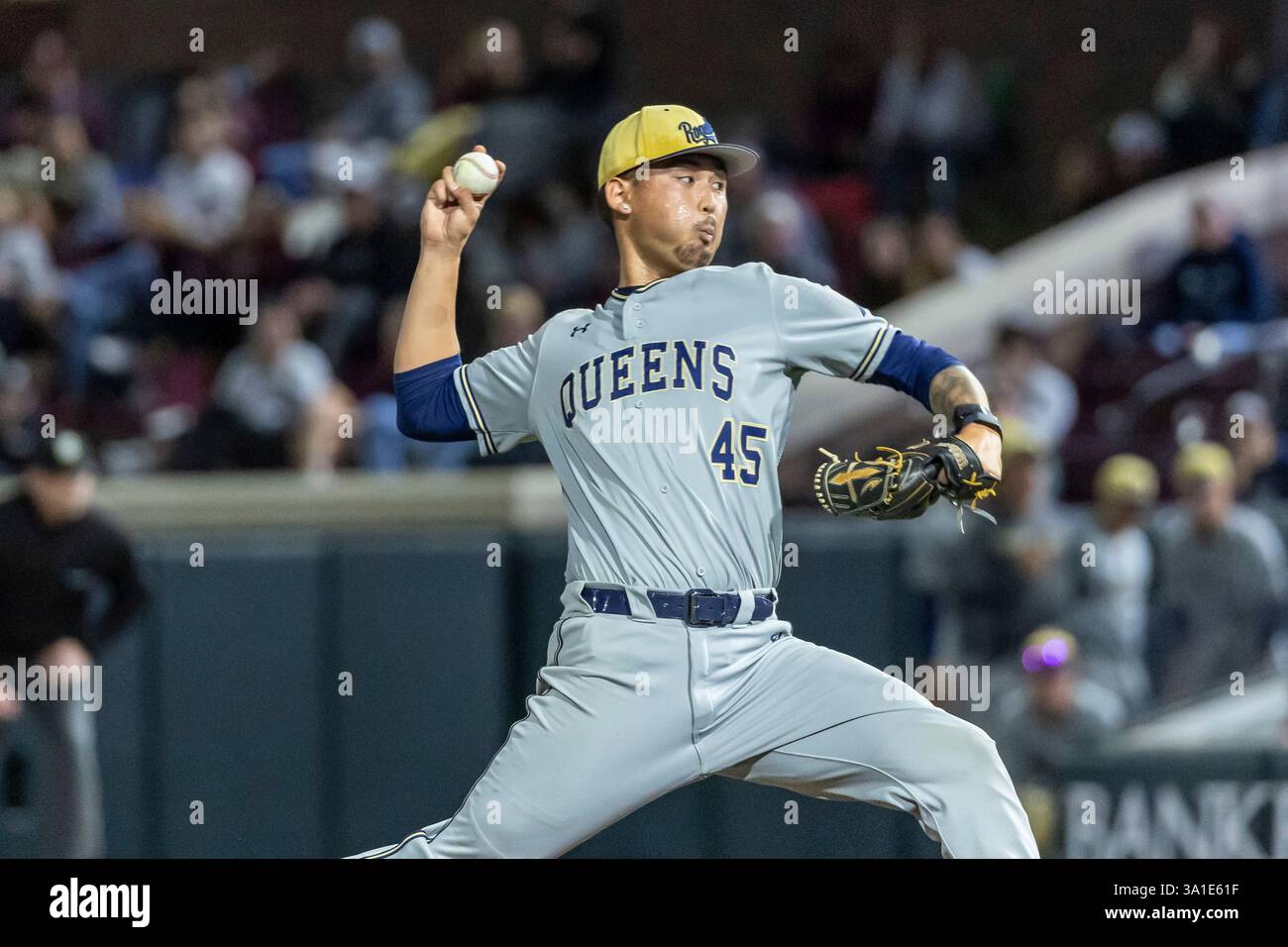 Queens pitcher Jack Renaud (45) pitches against Mississippi State ...