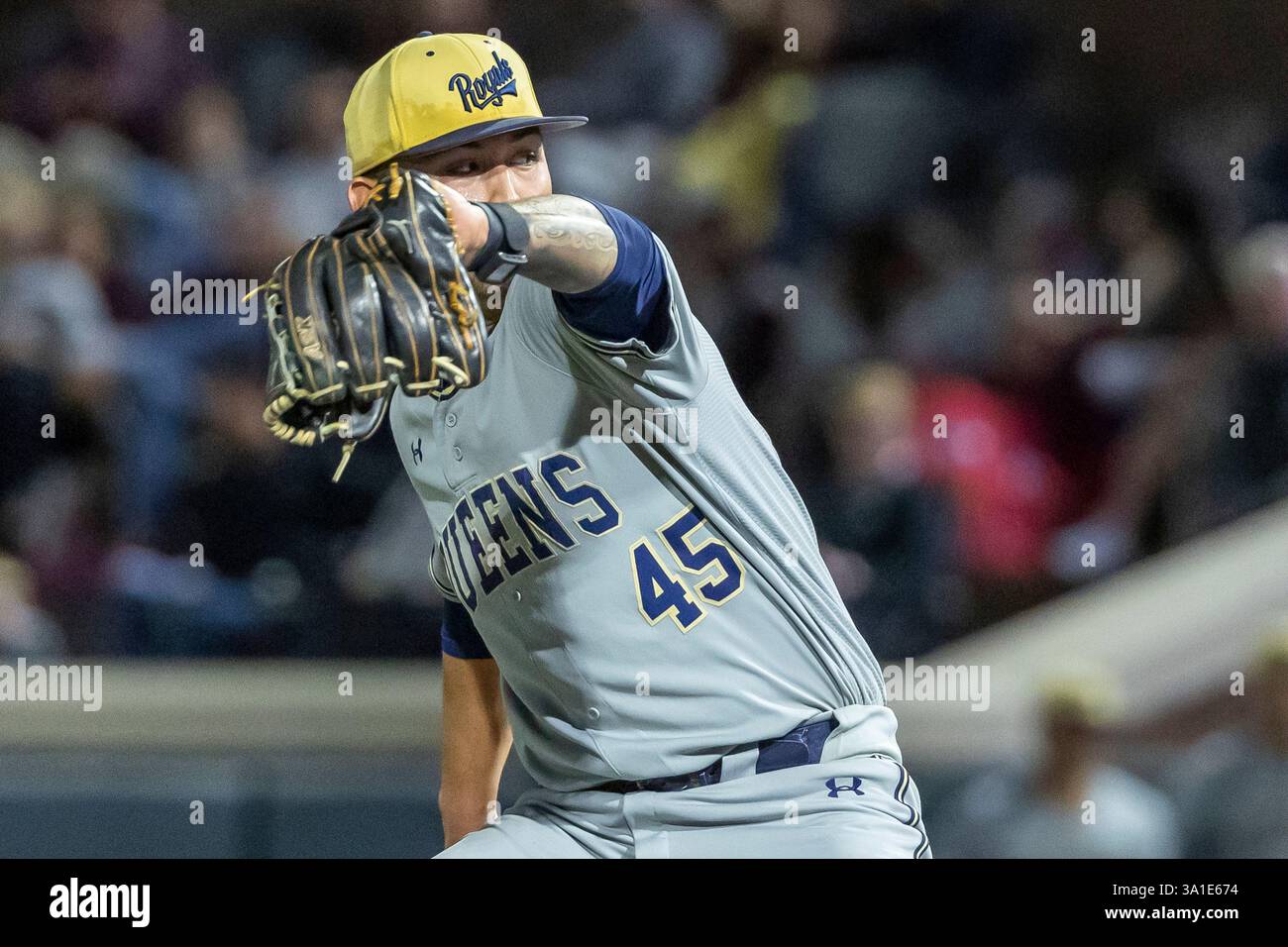 Queens pitcher Jack Renaud (45) pitches against Mississippi State ...