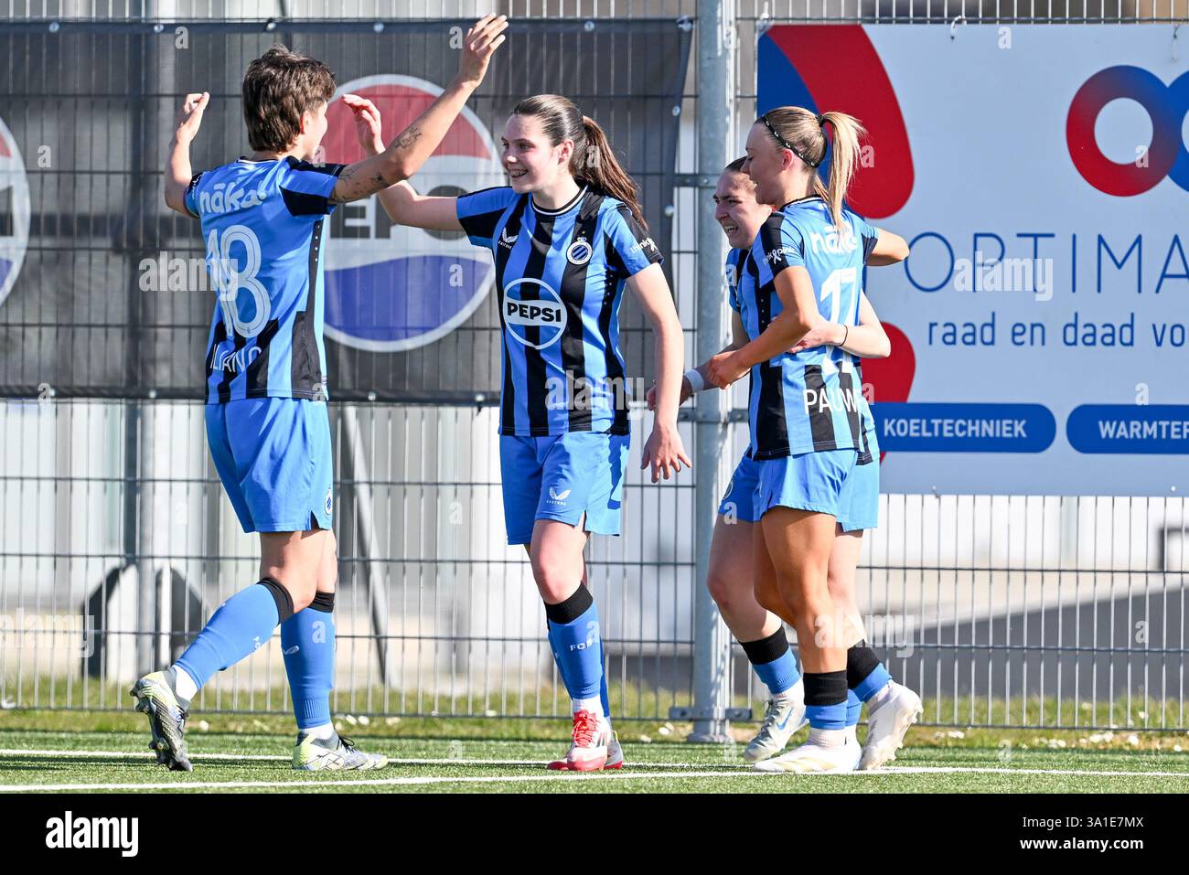 Aalter, Belgium. 08th Mar, 2025. Angel Kerkhove (13) of Club YLA pictured celebrating with ...
