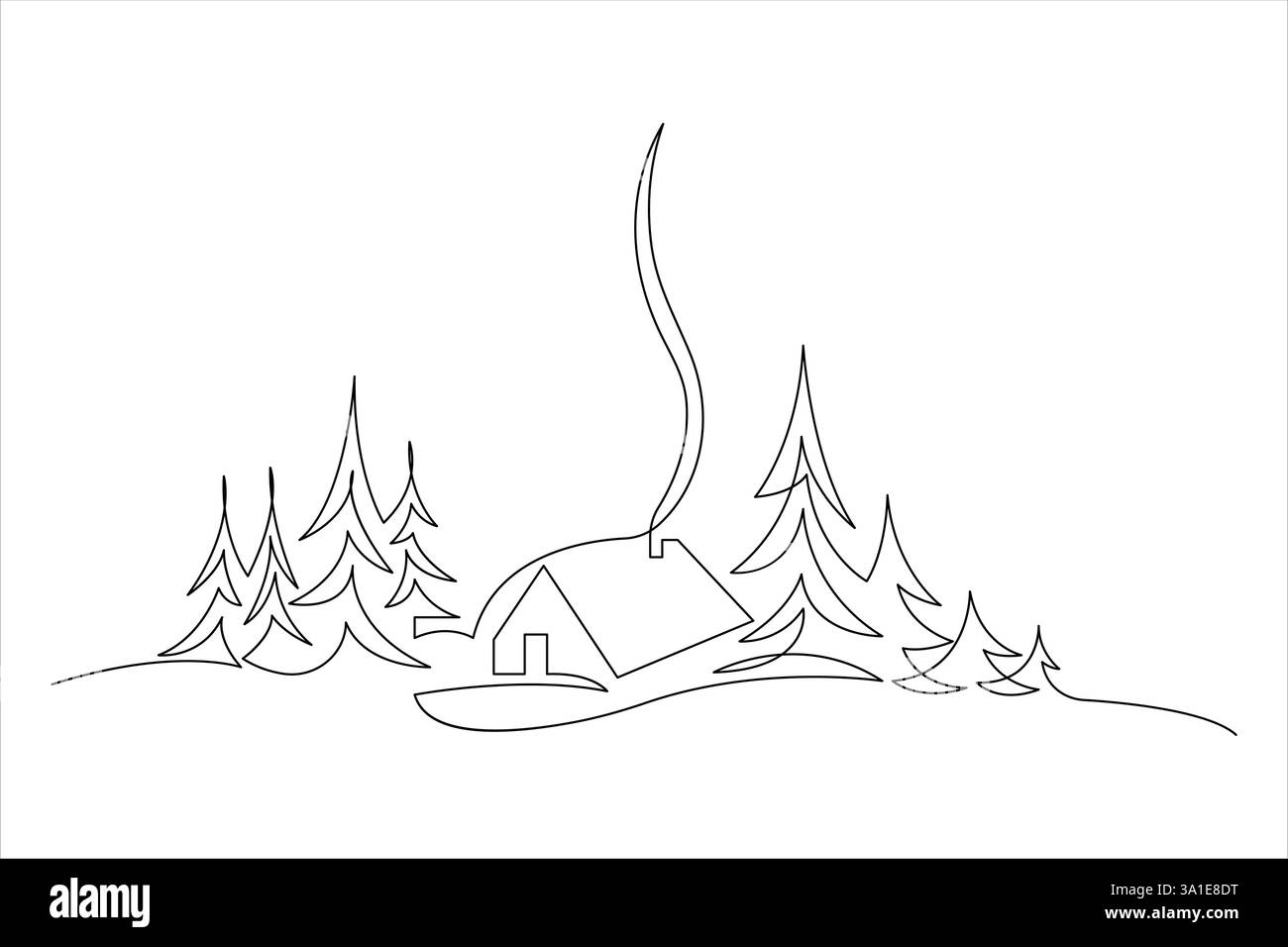 One continuous line art drawing of winter house with a Christmas tree ...