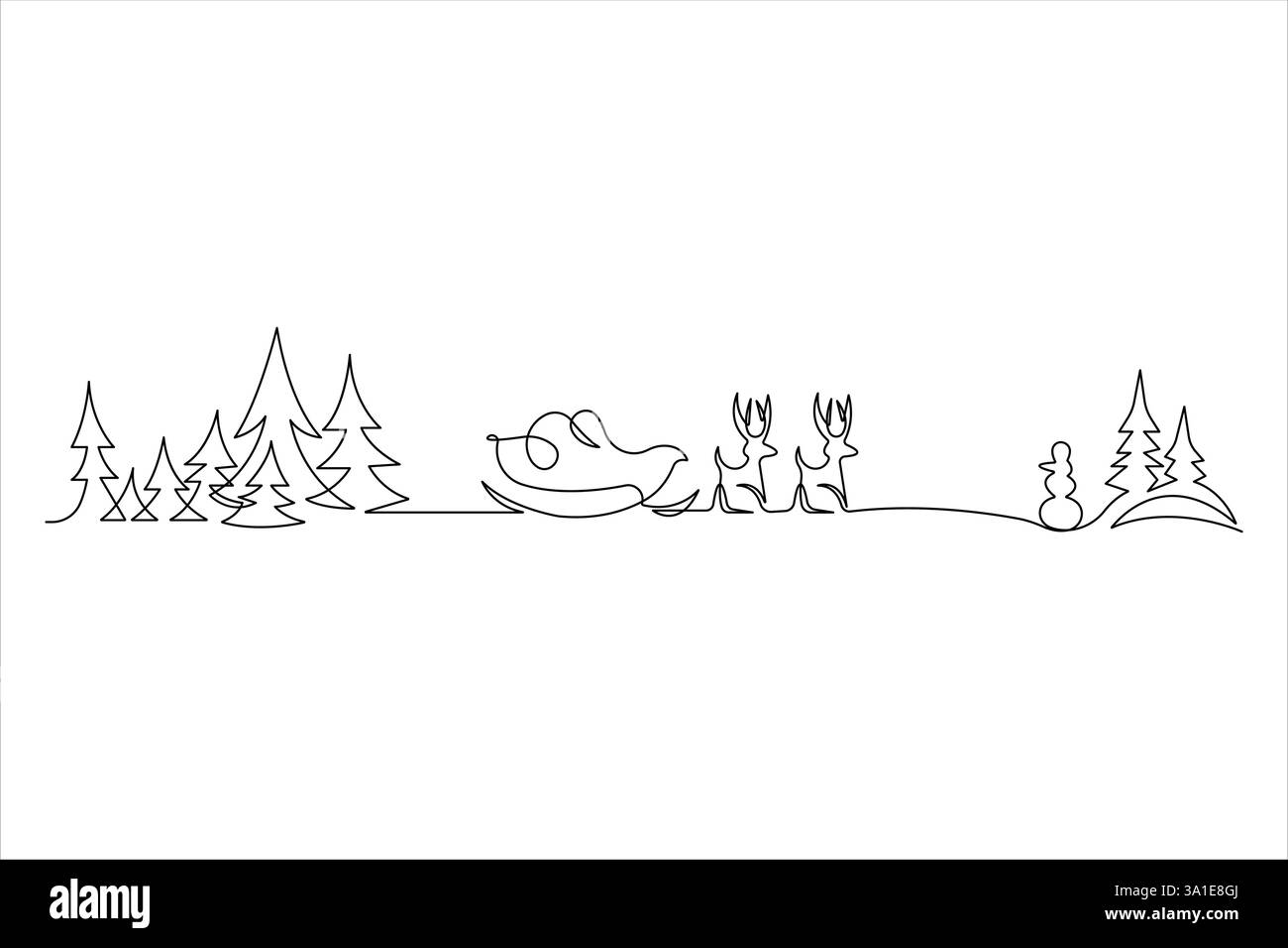 Christmas landscape continuous one line art drawing. Santa in sleigh ...