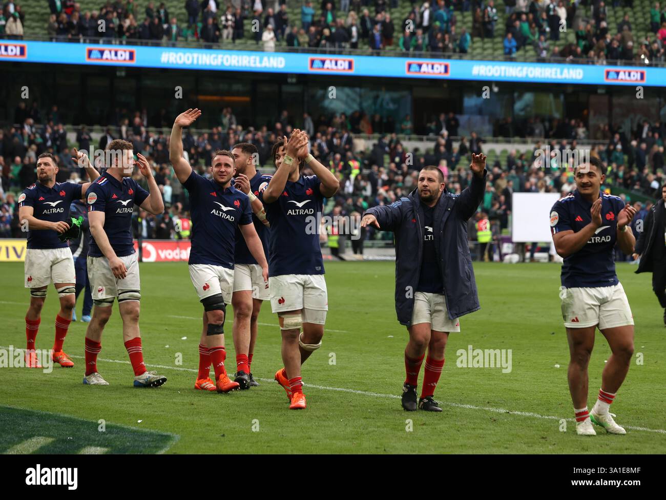 France's Yoram Moefana (right) applauds the fans following the Guinness Men's Six Nations match ...
