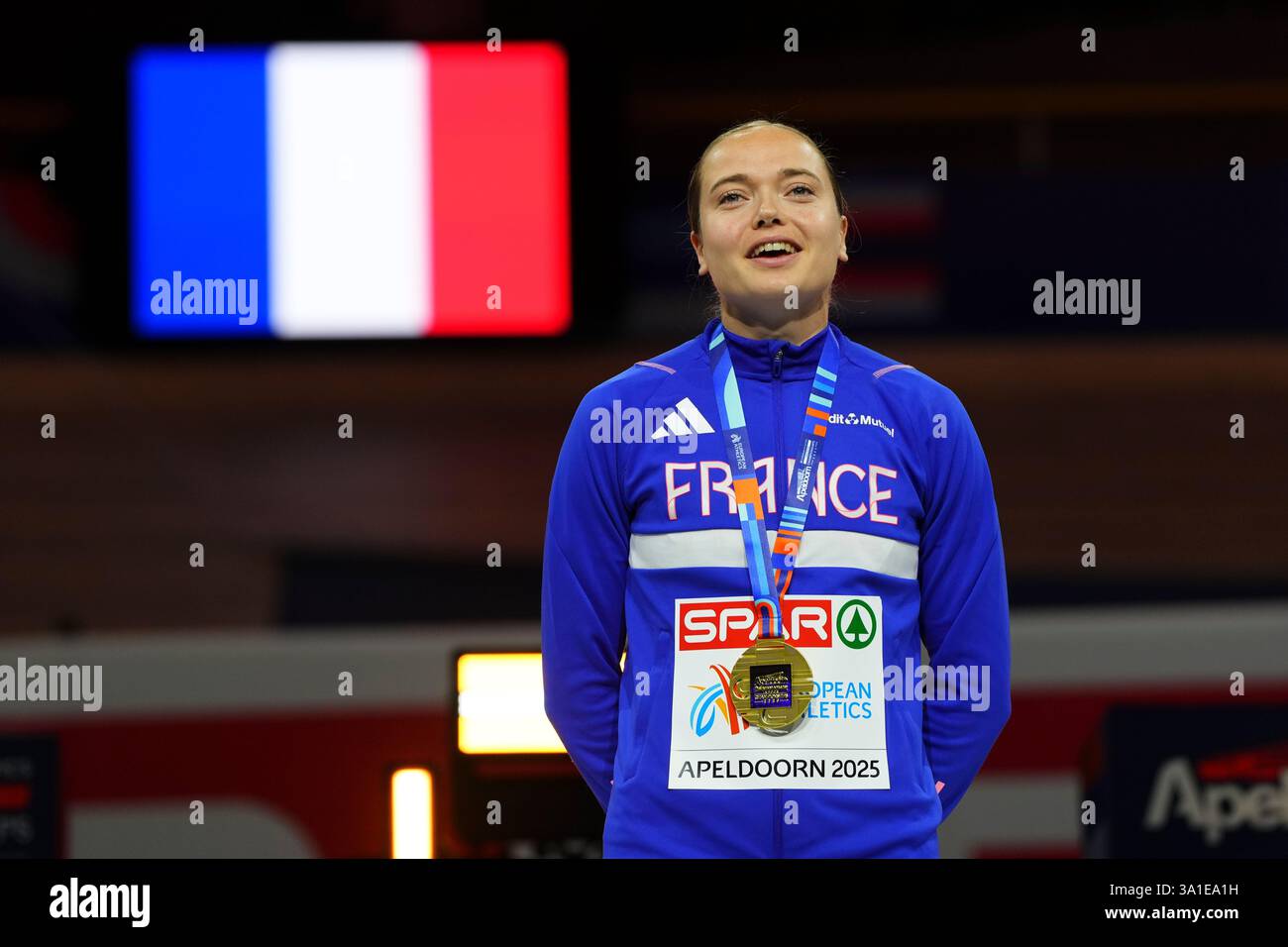 France's Agathe Guillemot stands on the podium after winning the 1500 ...