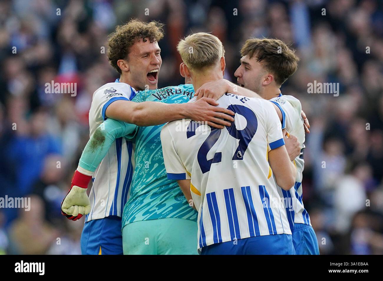 Brighton and Hove Albion's Mats Wieffer (left) celebrates with team ...
