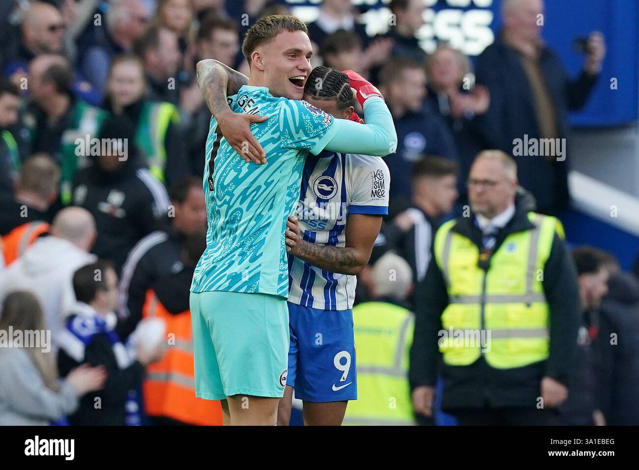 Brighton and Hove Albion goalkeeper Bart Verbruggen (left) and Joao ...