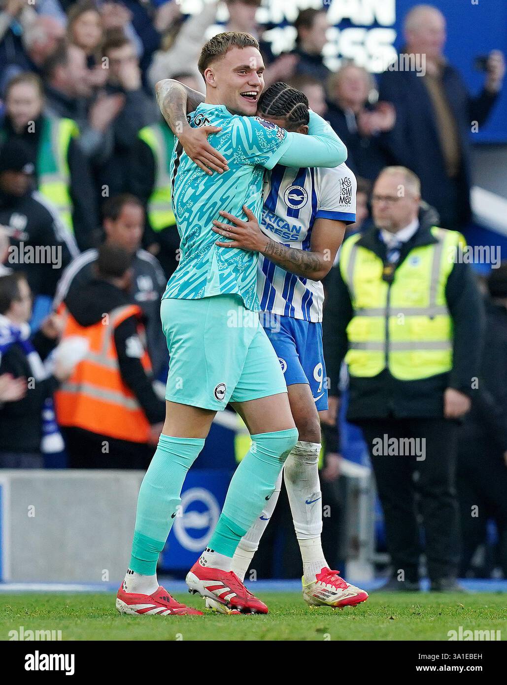 Brighton and Hove Albion goalkeeper Bart Verbruggen (left) and Joao ...