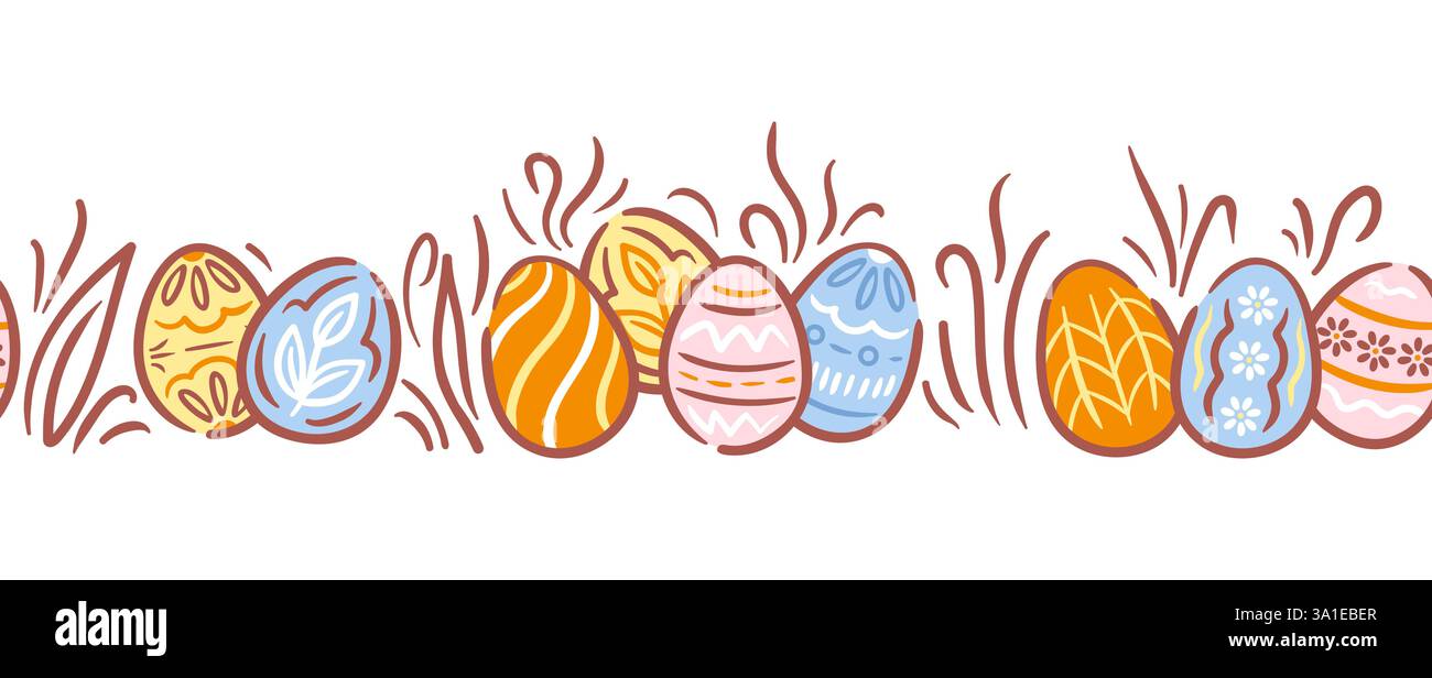 A seamless horizontal border featuring beautifully decorated Easter ...