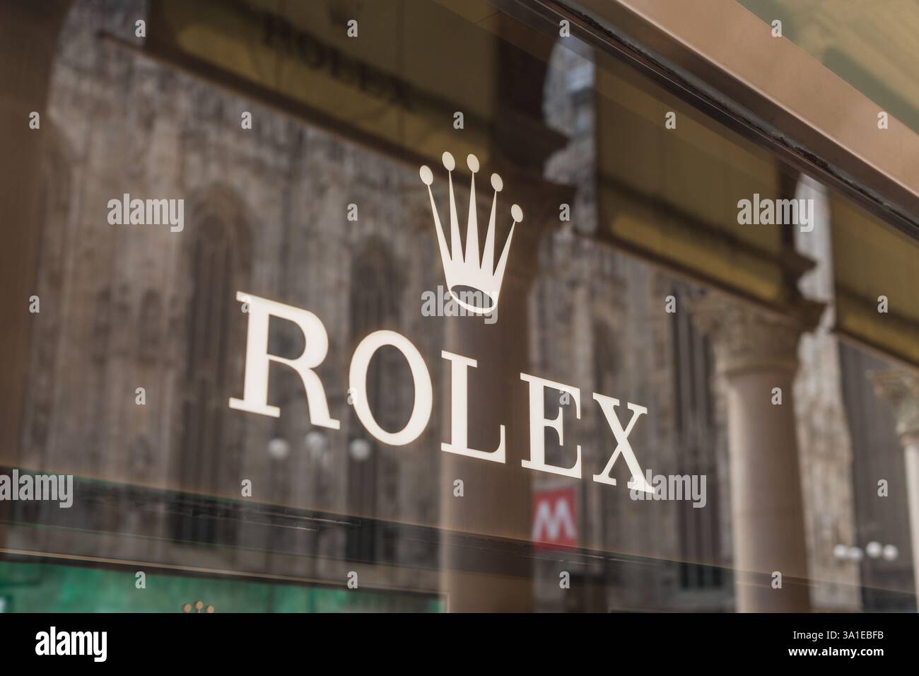 Italy, Milano - 15 May 2022: Rolex Swiss luxury watchmaker store sign ...