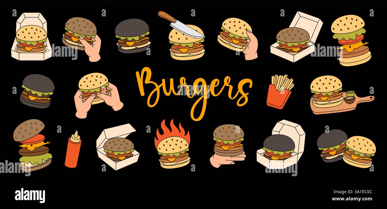 Burger set. Beef burger, hamburger, veggie burger, cheeseburger ...