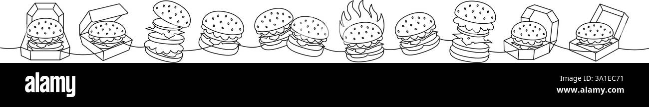 Burger set one line continuous drawing. Traditional American fast food ...