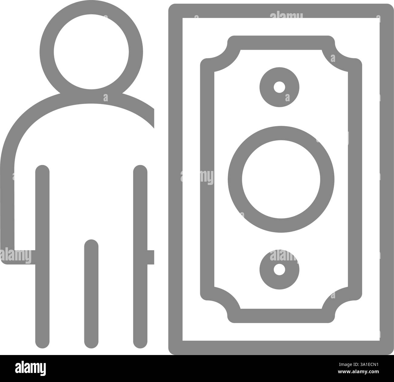 Man standing next to money bill line icon. Earning money symbol. Vector ...