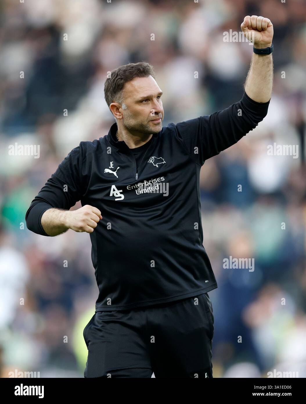 Derby County manager John Eustace celebrates after the Sky Bet ...
