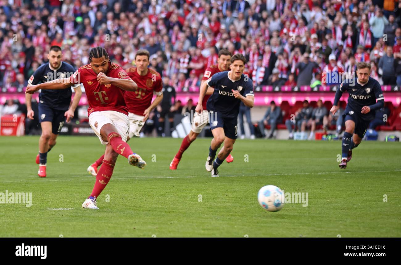 MUNICH, GERMANY - MARCH 08: Serge Gnabry of Bayern Muenchen penalty sho during the Bundesliga ...