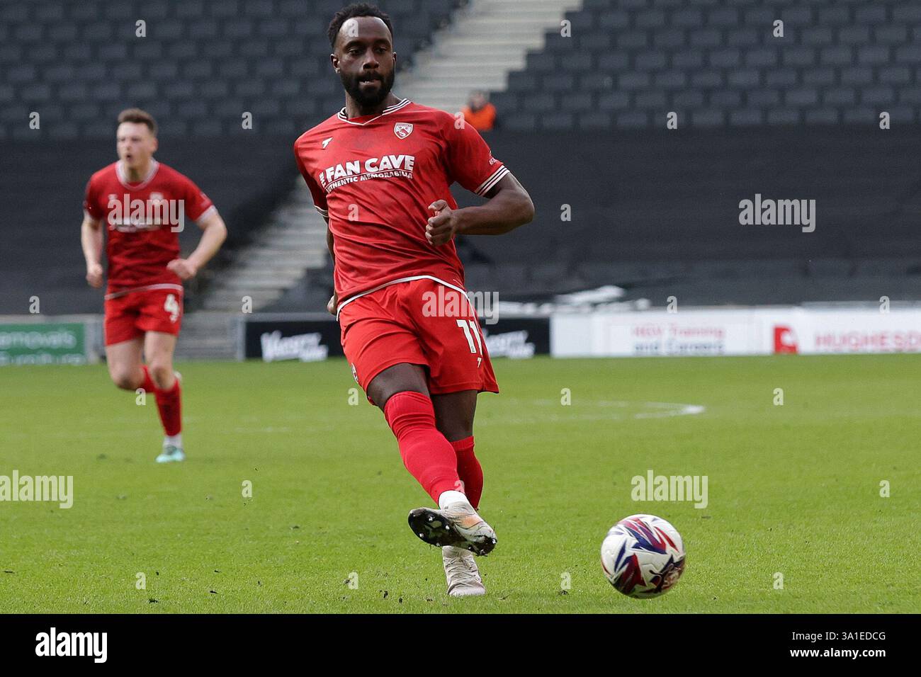 Morecambe's Jordan Slew in action during the Sky Bet League 2 match ...