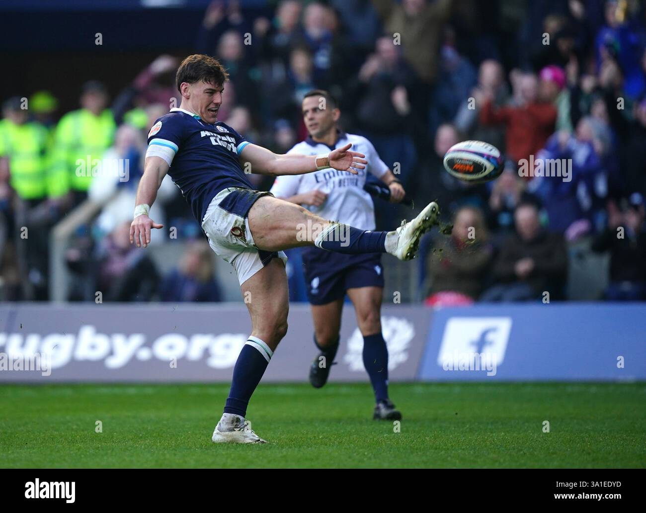 Scotland's Tom Jordan celebrates scoring their side's fourth try of the ...