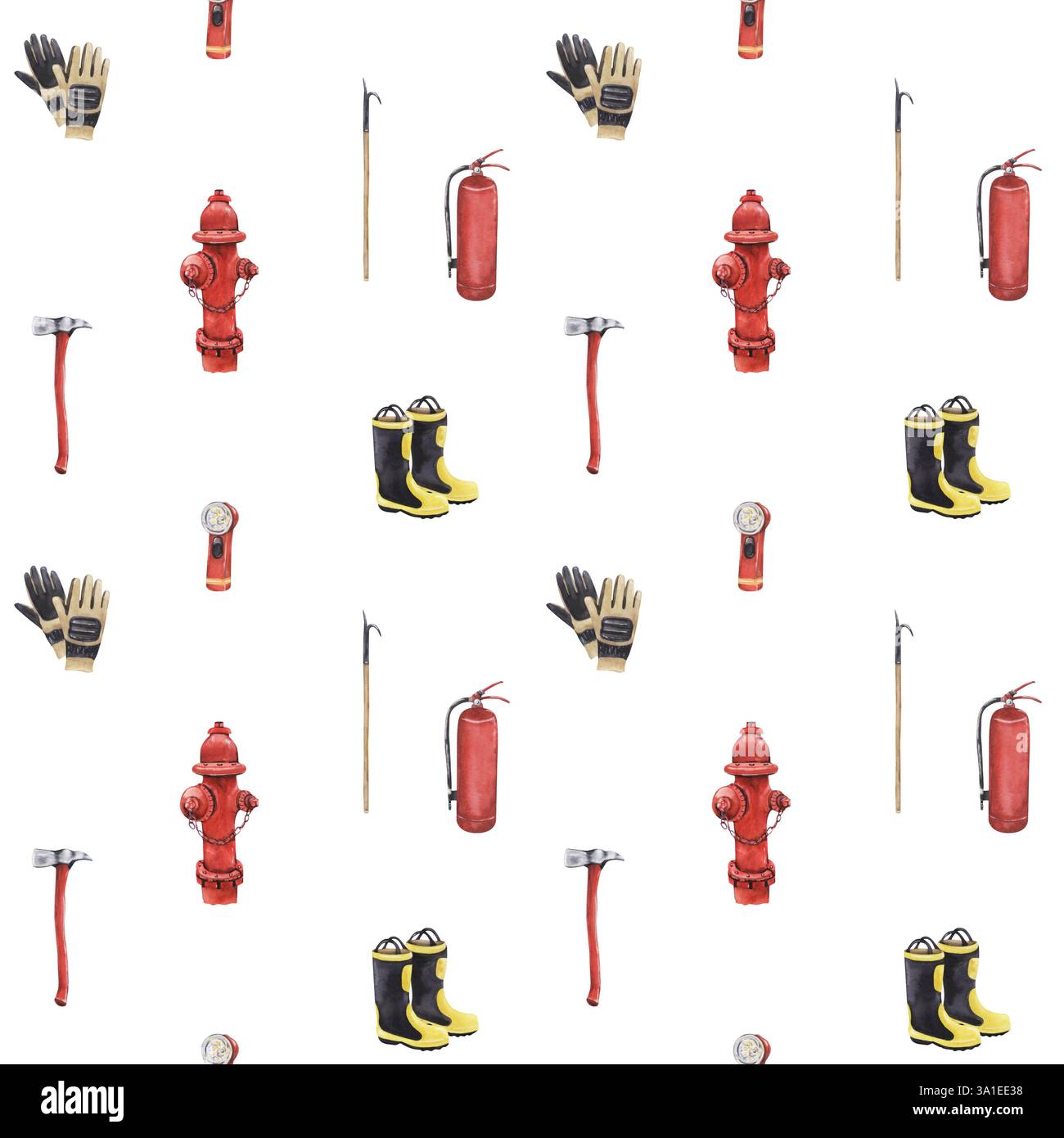 Seamless pattern with watercolor firefighter equipment Stock Photo - Alamy