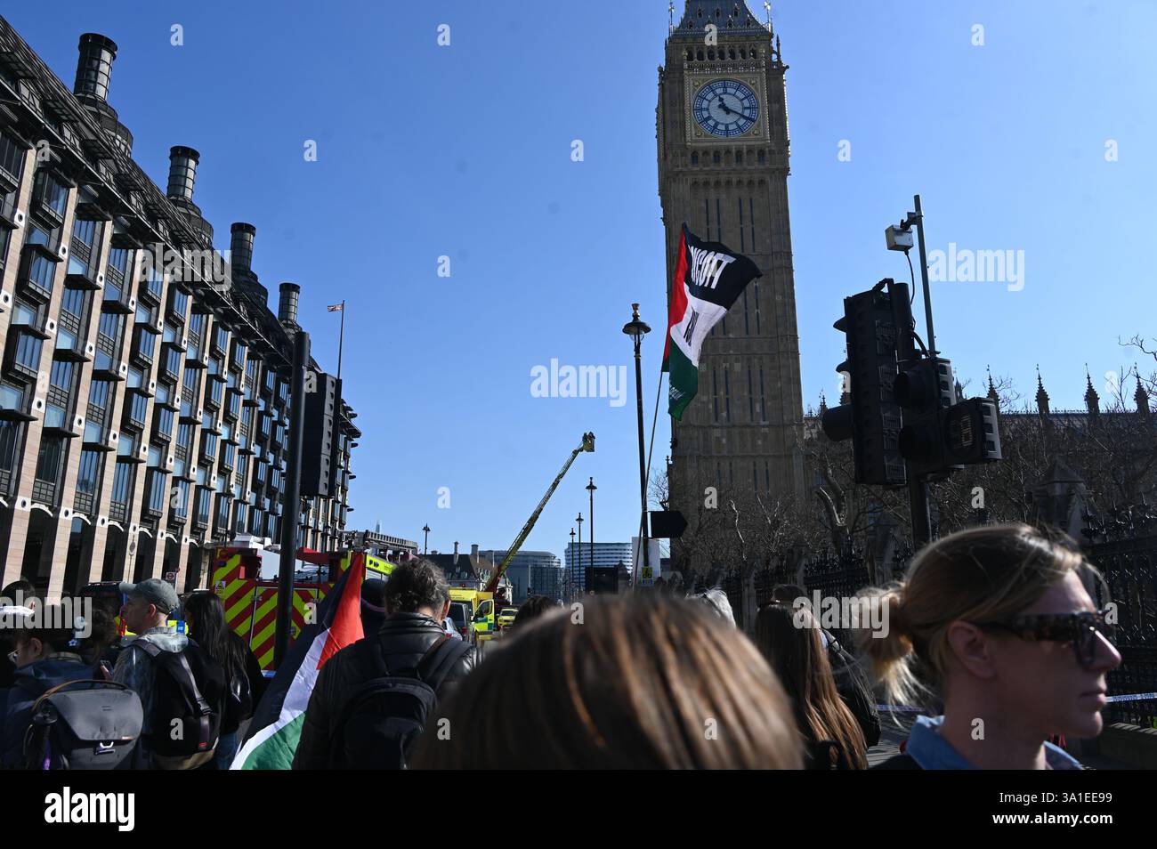LONDON, UK. 8th Mar, 2025. A barefoot protestor holding a Palestinian ...